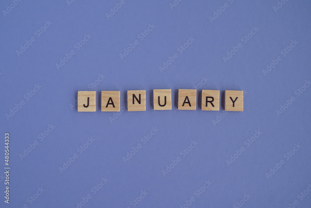 The name of the month of January is written on wooden cubes isolated ...