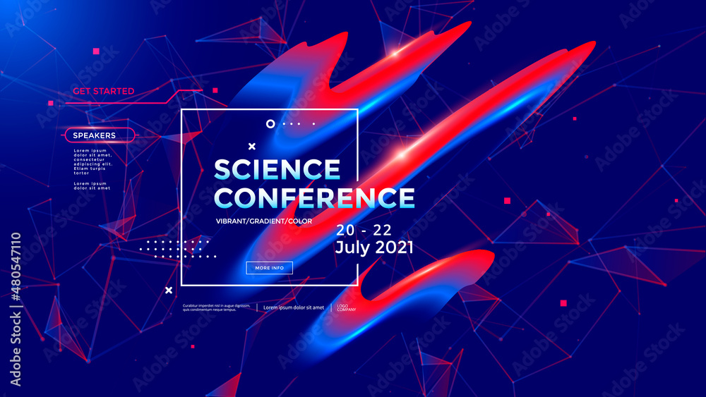 Science conference wide poster design. Modern seminar page with 3d flow ...