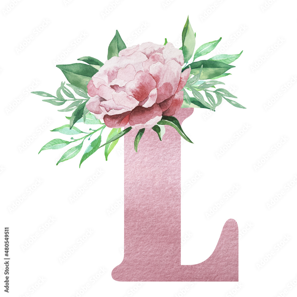 Floral alphabet watercolor pink color letter L with flowers bouquet ...