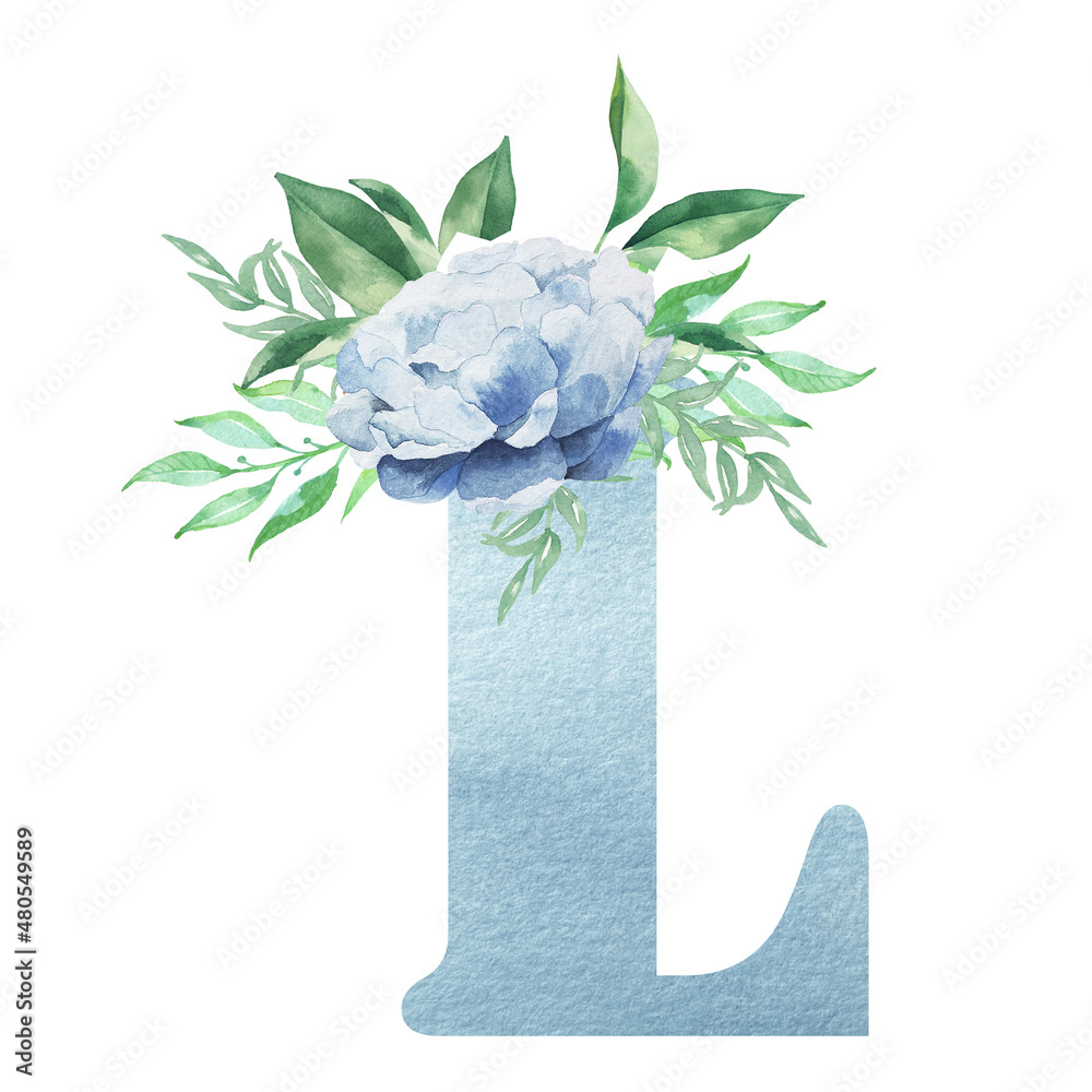 Floral alphabet watercolor blue color letter L with flowers bouquet ...
