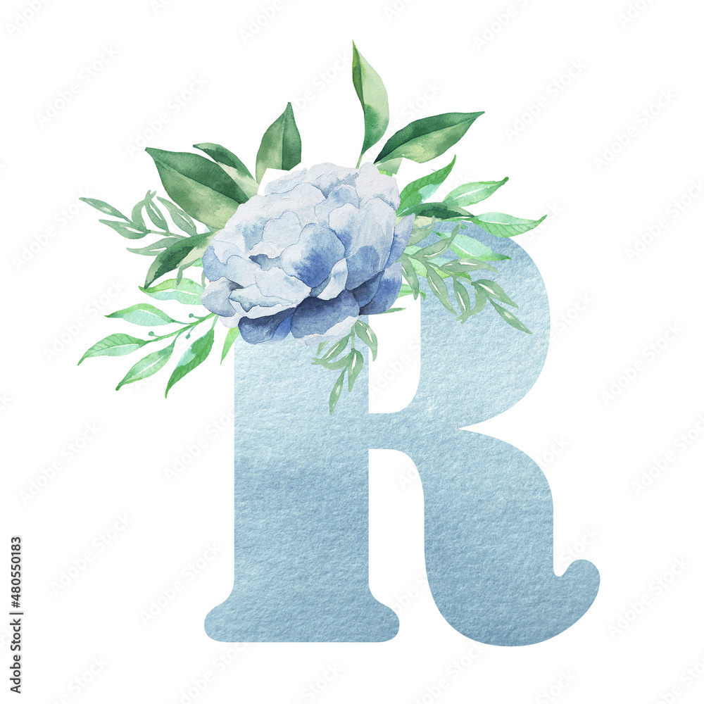 Floral alphabet watercolor blue color letter R with flowers bouquet ...