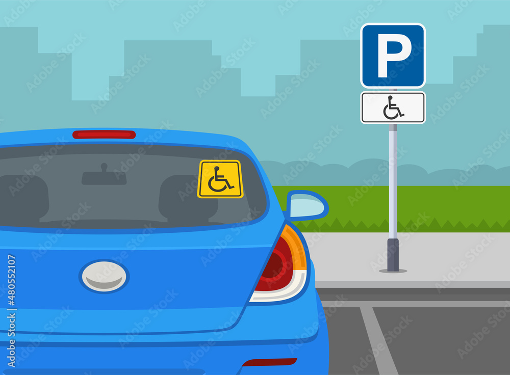 Traffic or road rules. Disabled parking area sign. Back view of a blue ...