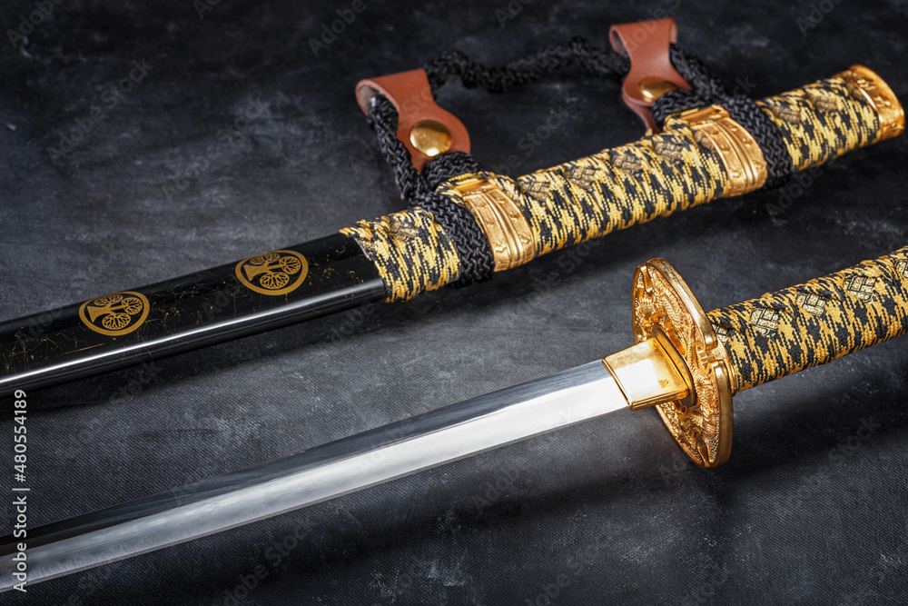 Japanese samurai katana sword and scabbard close up. Photo of a weapon ...