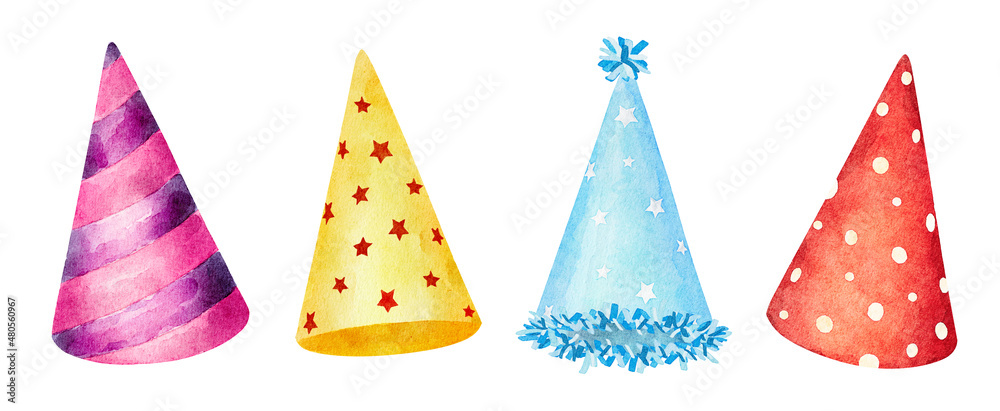 Set of watercolor party hats isolated on white background. Stock ...