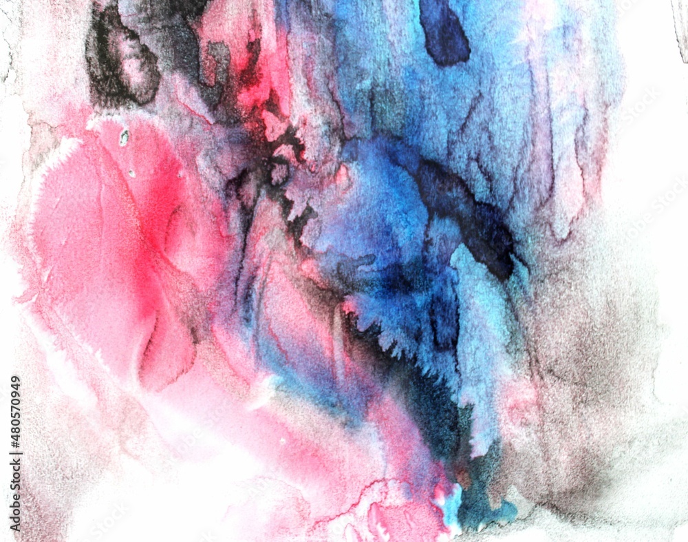 Red and blue watercolor background. Transparent lines and spots. Paint ...