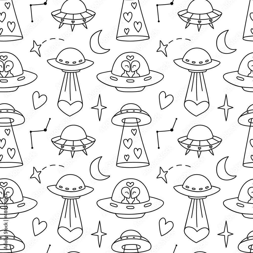 Seamless doodle pattern with loving aliens, UFOs, space. Background ...