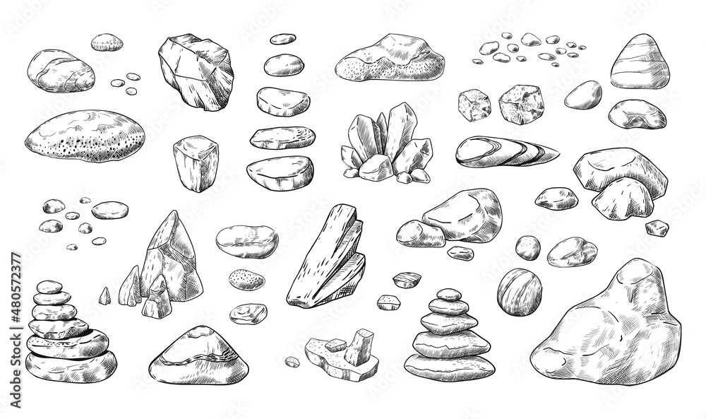 Hand drawn rocks. Gravel stones and boulders sketch. Vintage outline ...