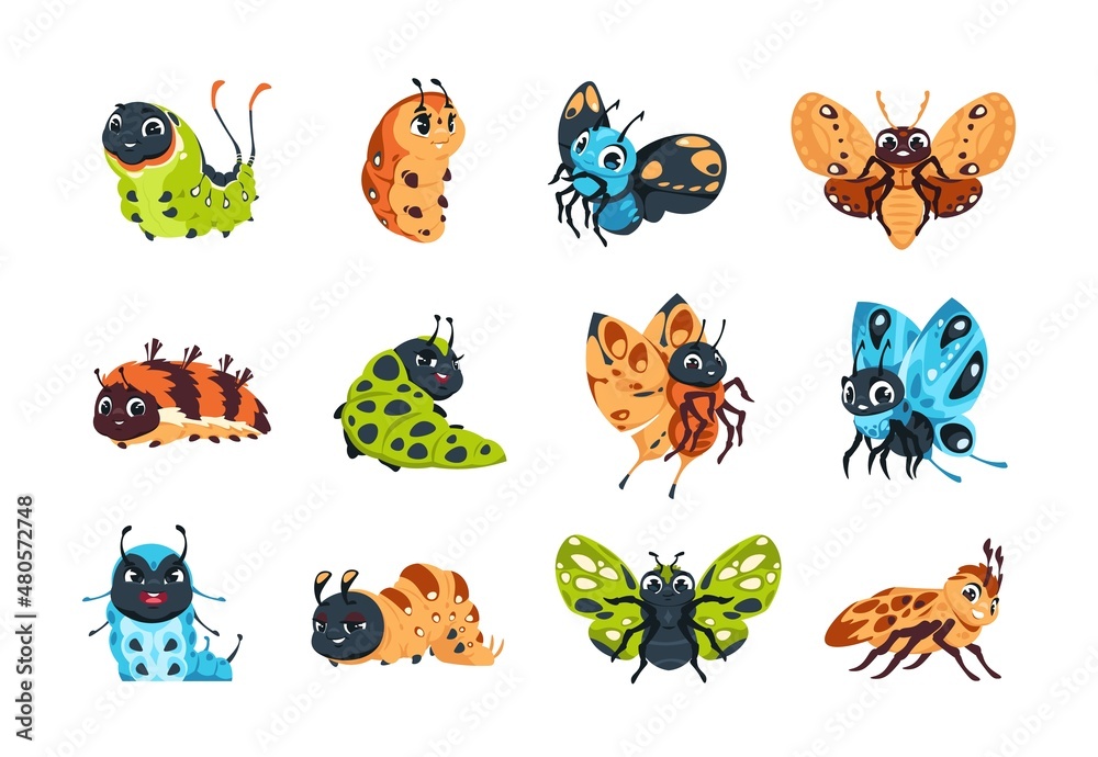 Caterpillar and butterfly. Cartoon bugs character with funny faces and ...