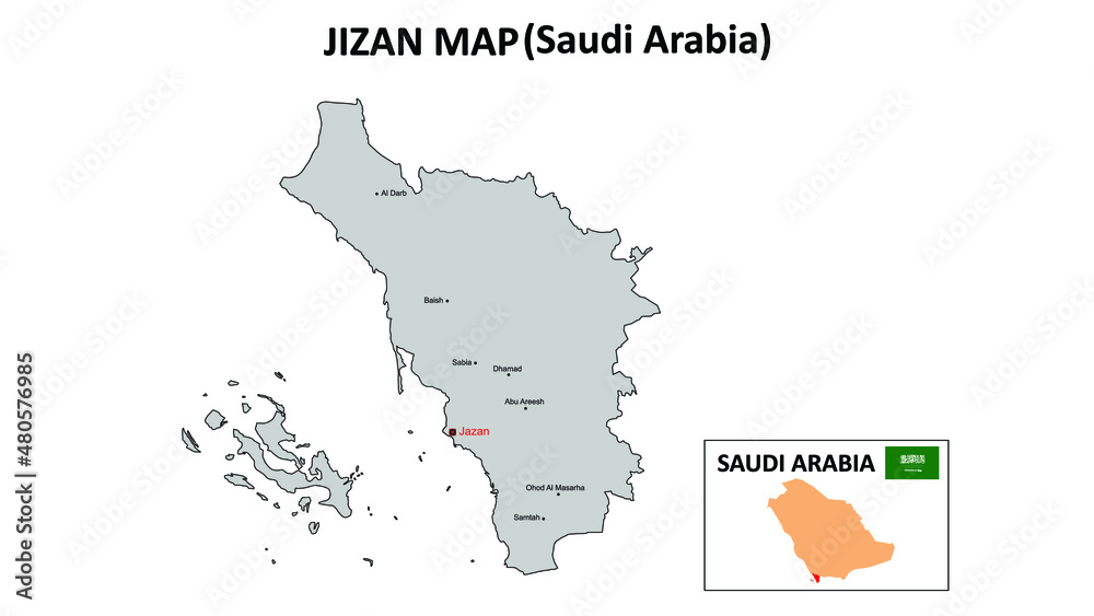 Jizan Map. Jizan Map of Saudi Arabia with color background and all ...