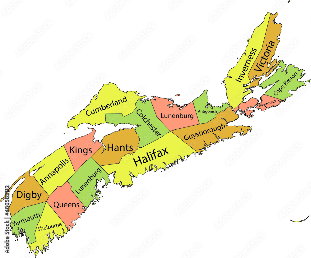 Pastel flat vector administrative map of the Canadian province of NOVA ...