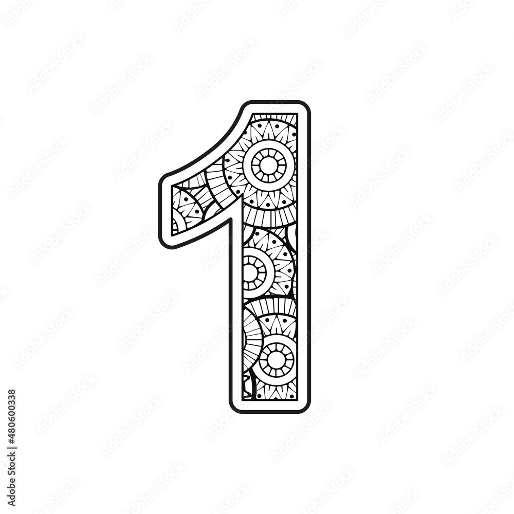 Vector Coloring page for adults. Contour black and white Number 1 on a ...