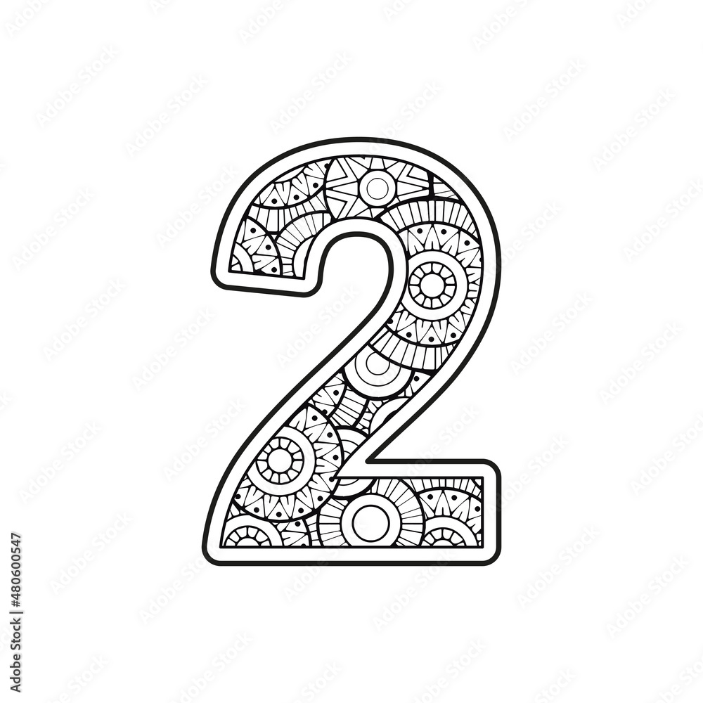 Vector Coloring page for adults. Contour black and white Number 2 on a ...