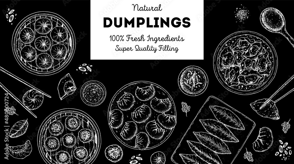 Dumplings top view frame. Food menu design template. Hand drawn vector ...