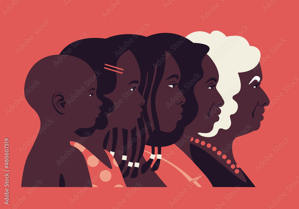 Ageing process. The head of an African woman of different ages in ...