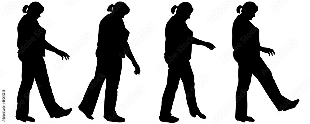 Women walk one after another in one line. Girl walks. Woman on the move ...