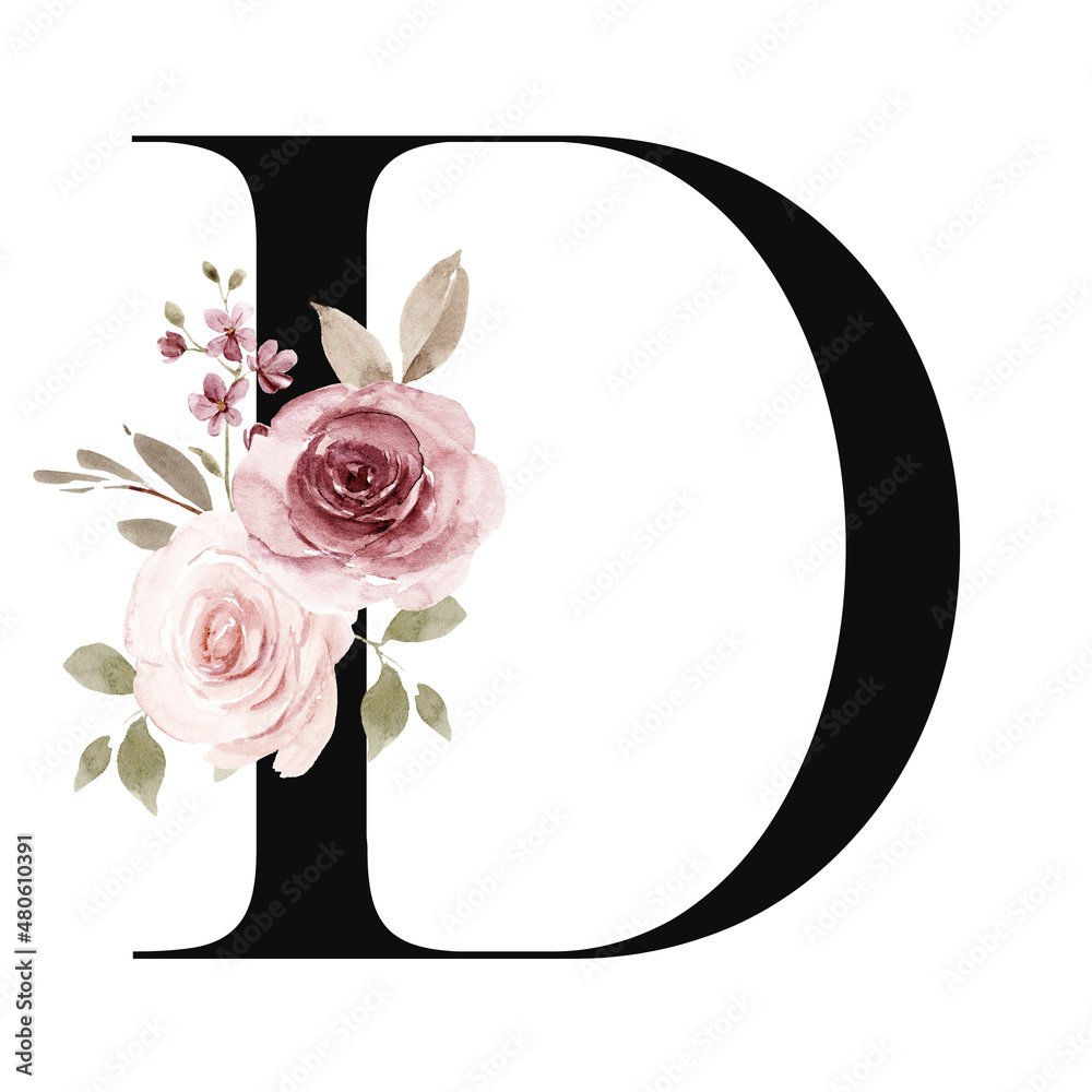Floral alphabet, letter d with watercolor flowers and leaf. Monogram ...