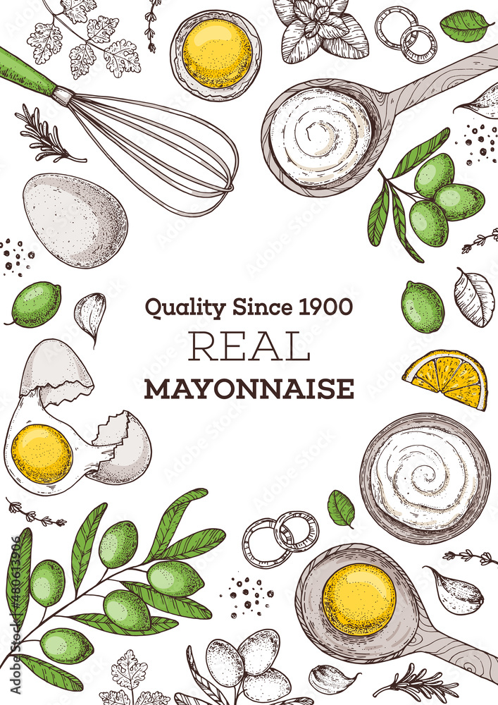 Mayonnaise sauce cooking and ingredients, hand drawn vector ...