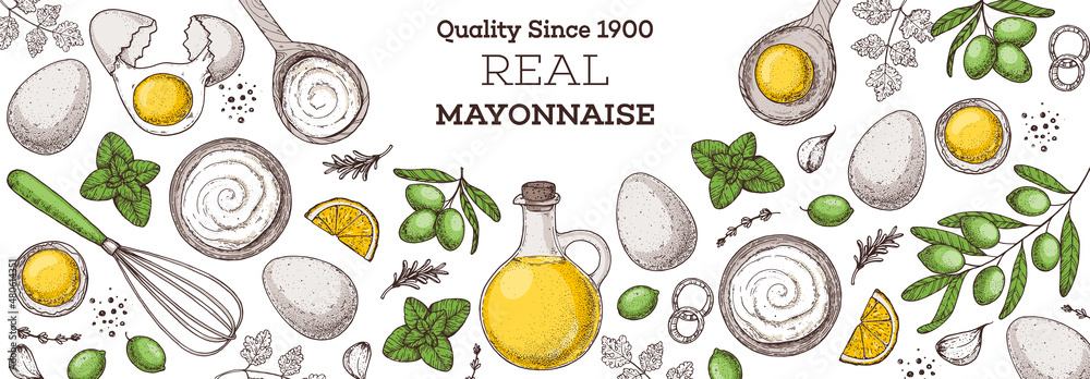 Mayonnaise sauce cooking and ingredients, hand drawn vector ...