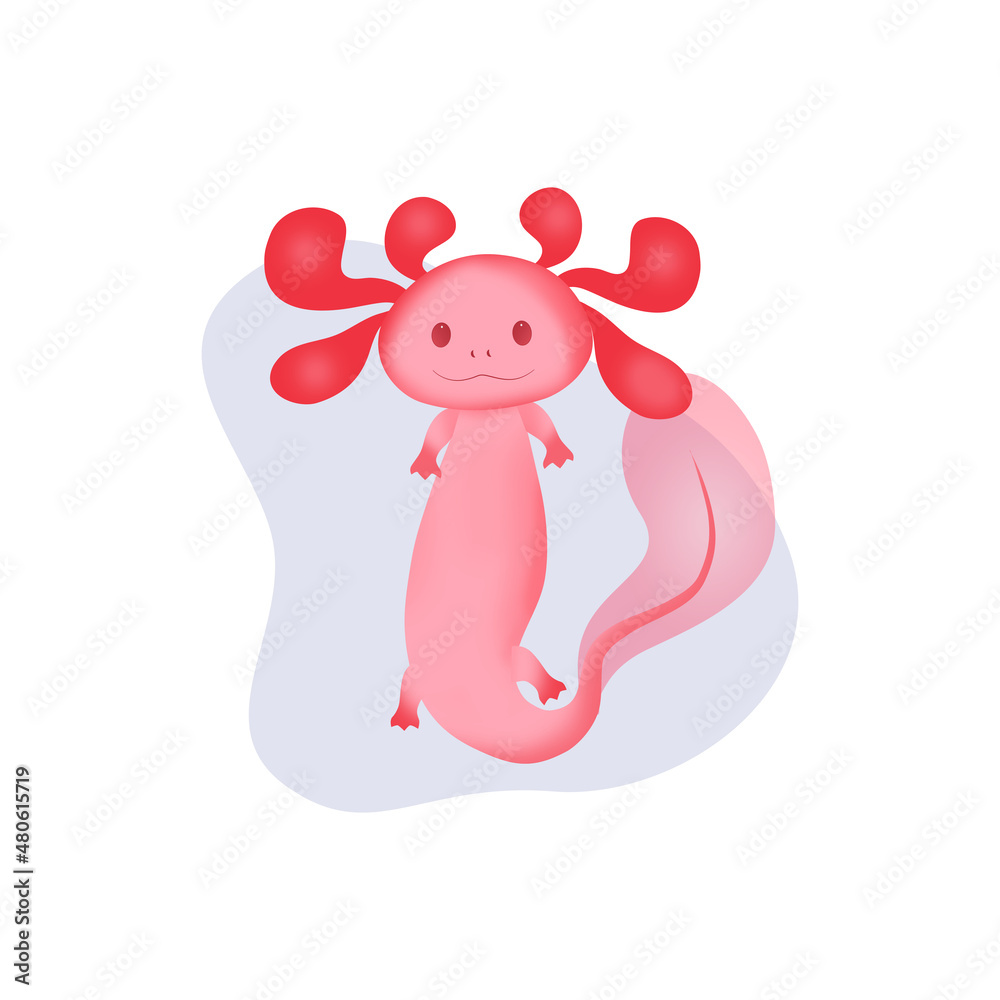 A cute pink axolotl floats in a drop of water and waves its fin. Vector ...