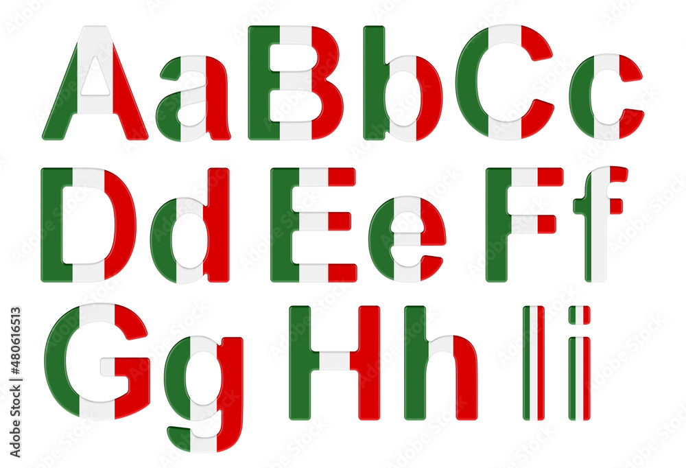 Letters with Italian flag. A, B, C, D, E, F, G, H, I uppercase and ...
