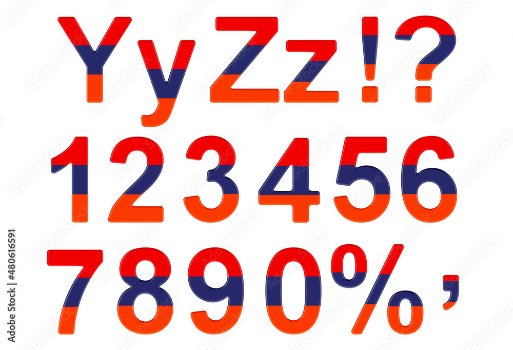 Letters, numbers and punctuation marks with Armenian flag. Y, Z, 1, 2 ...