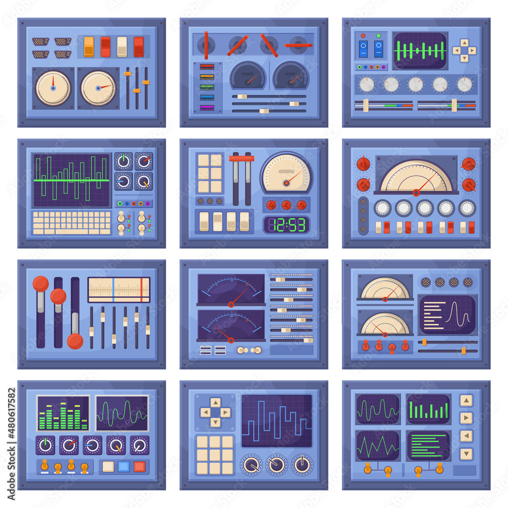 Electrical dashboard, control panels with charts, buttons and tuners ...