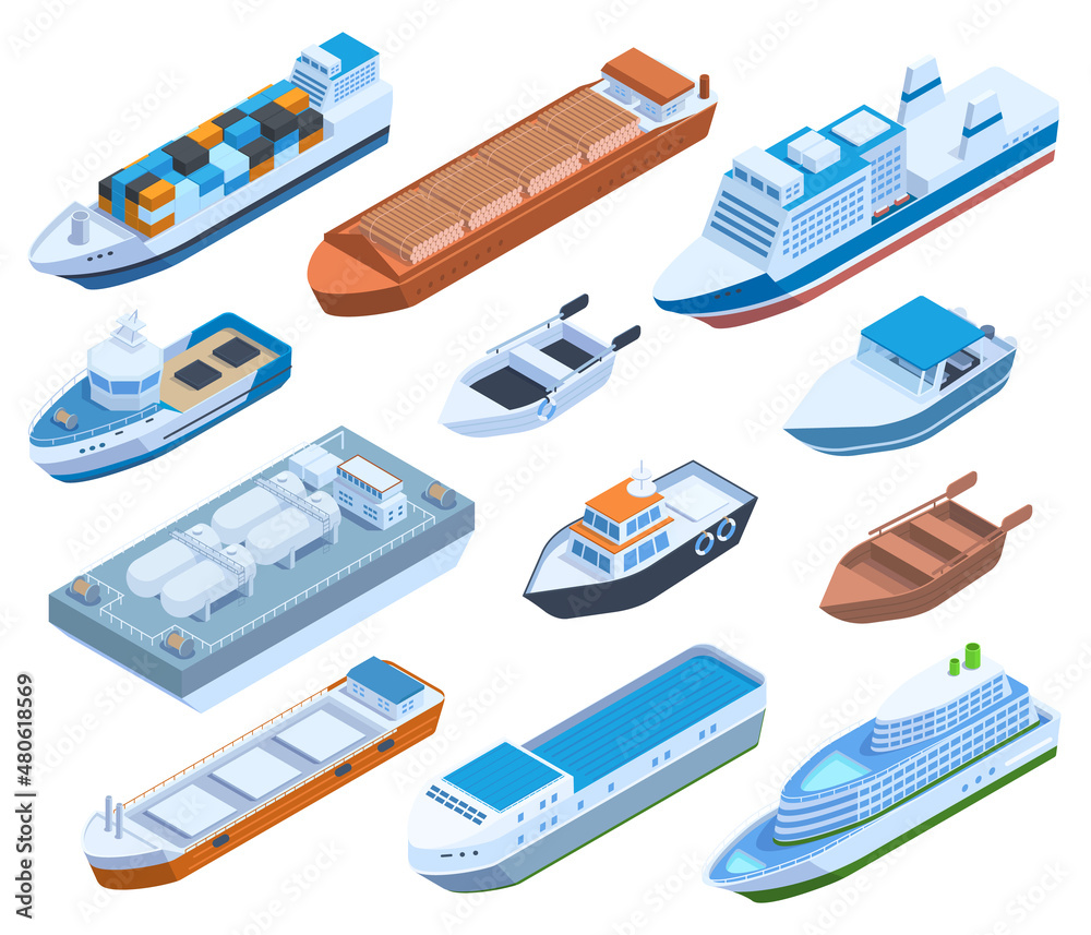Isometric commercial sea ships, yacht, barge, cruise and sailing boats ...