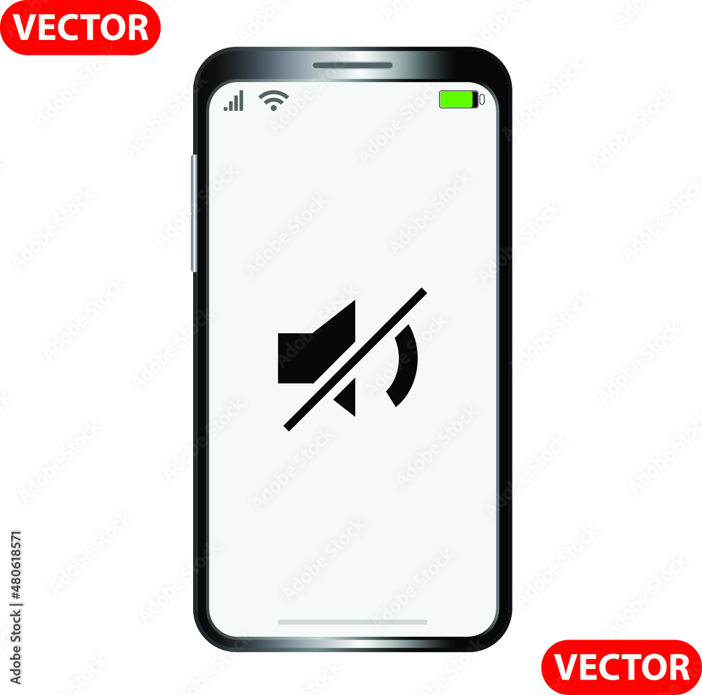 Cell phone in black on a white background. Symbol on screen "Mute". 2d ...