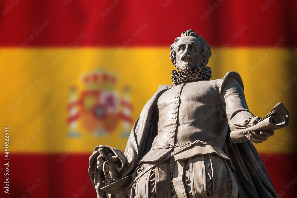 Bronze statue de Cervantes , knight in the traditional costume of the ...