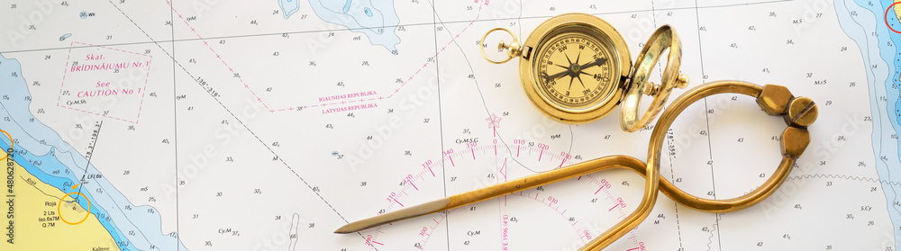 Retro styled golden compass (sundial), antique vintage W & HC 6" brass ...