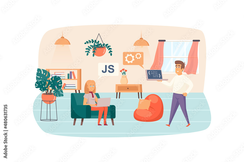 Man and woman works on laptops and testing software scene. Developers ...