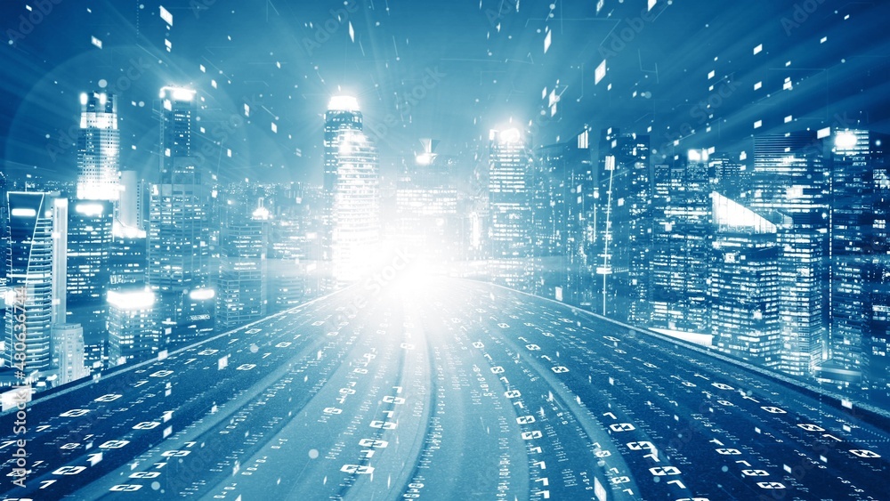 Digital data flow on road in concept of cyber global communication and ...