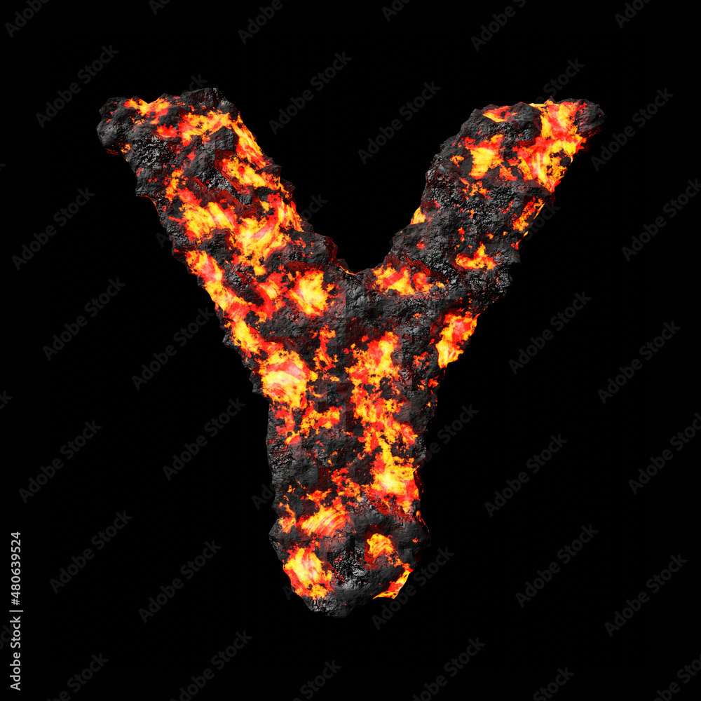 Lava letter Y on clean black background isolated lava coal smoldering ...