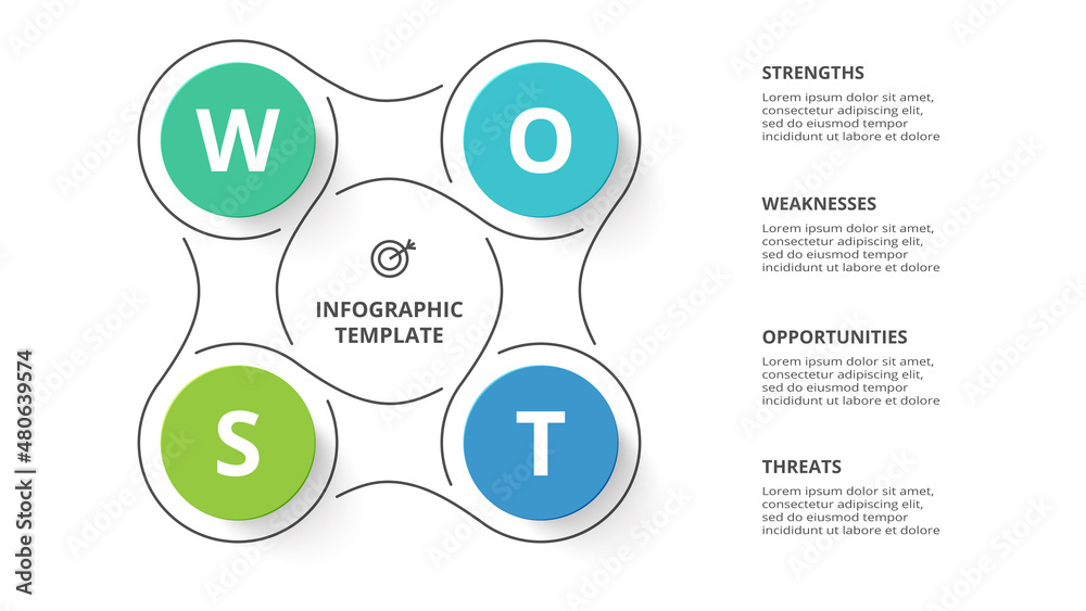 SWOT diagram with 4 steps, options, parts or processes. Threats ...