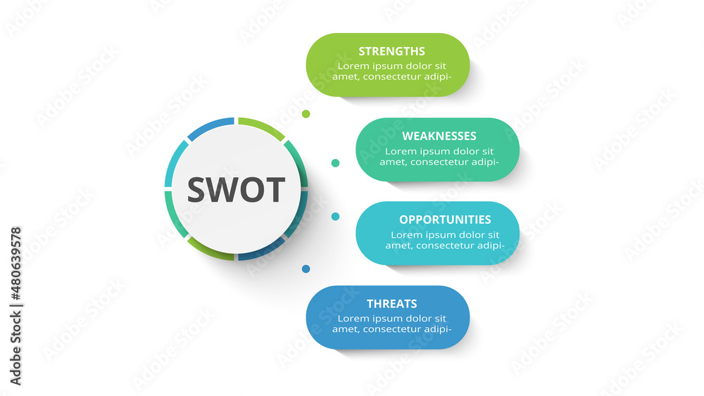 SWOT diagram with 4 steps, options, parts or processes. Threats ...