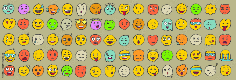 Emoji collection. Hand drawn 80 vector icons with different characters ...