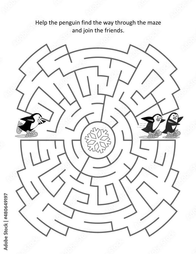 Maze game for kids with skating penguins Stock Vector | Adobe Stock