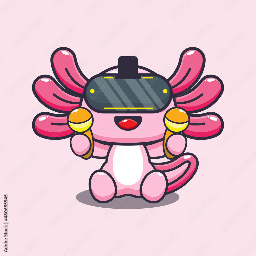 Cute axolotl playing virtual reality cartoon vector illustration. Stock ...