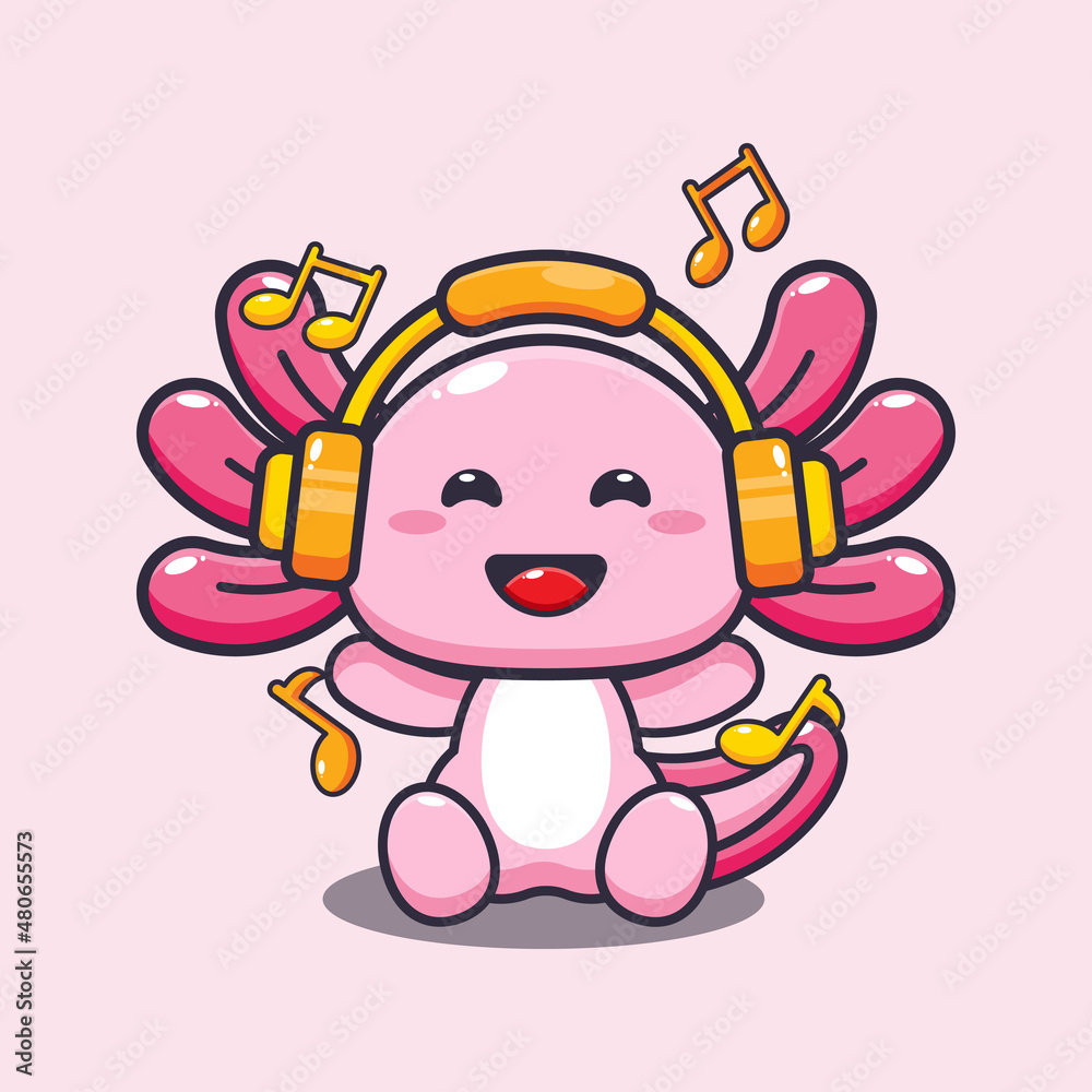 Cute axolotl listening music with headphone cartoon vector illustration ...