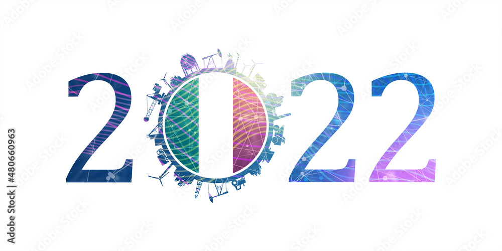 2022 year number with industrial icons around zero digit. Flag of Italy ...