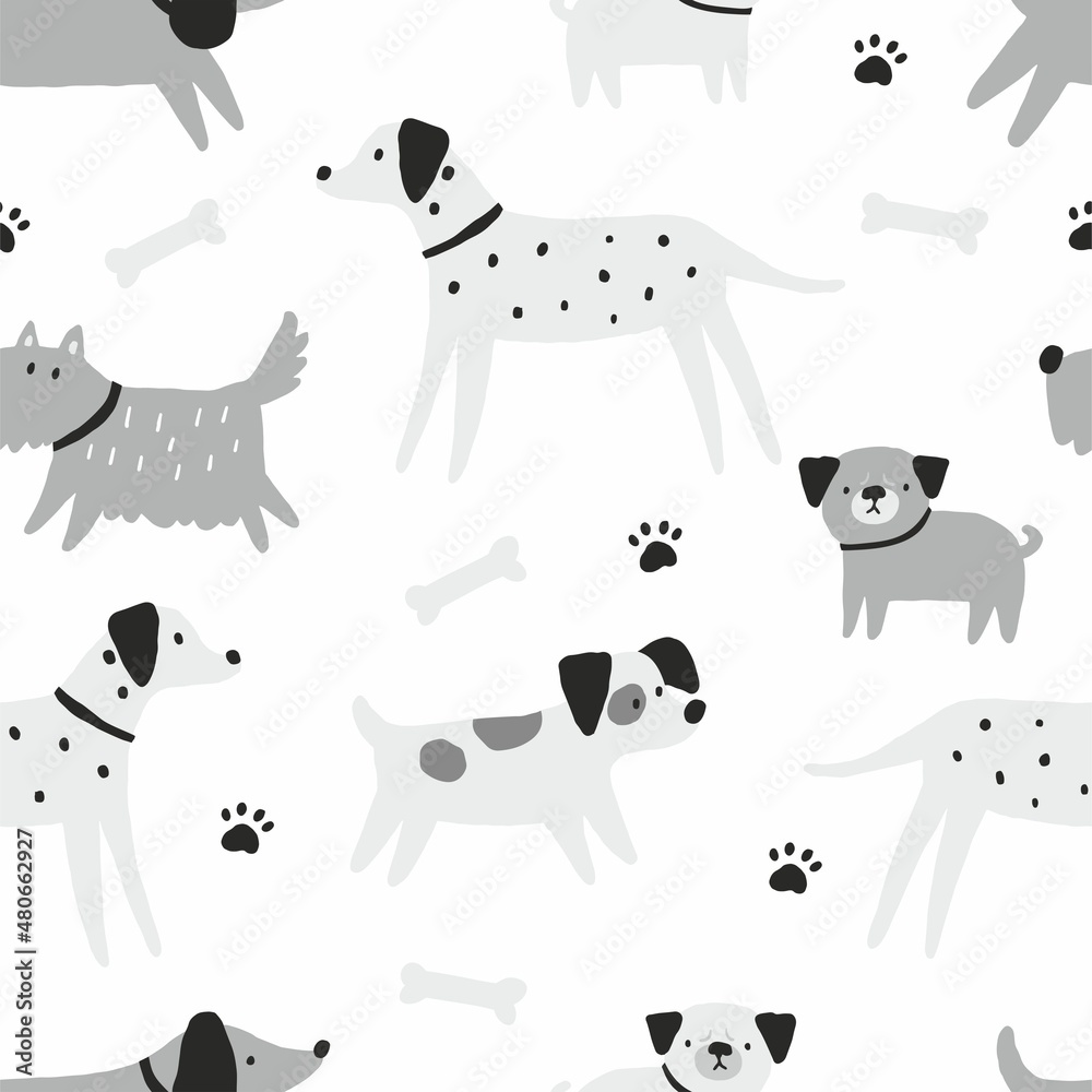 Cute Hand drawn dog - vector print in doodle style. Seamless pattern ...