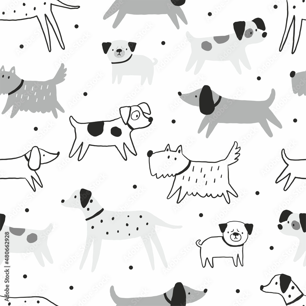 Cute Hand drawn dog - vector print in doodle style. Seamless pattern ...