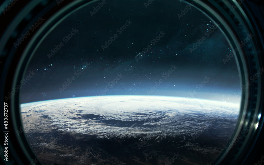 Space station porthole and endless space. 5K realistic science fiction ...