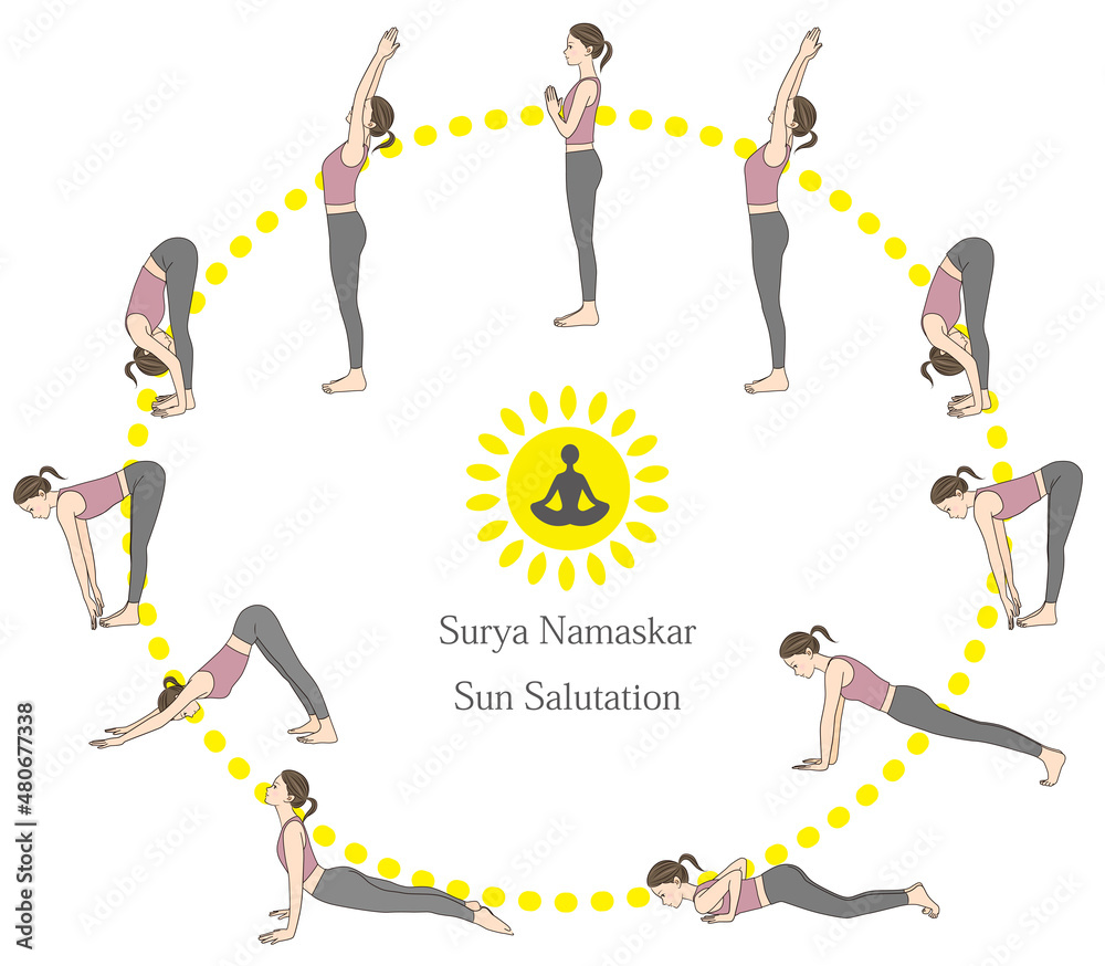 The flow of Sun Salutation, a woman doing yoga Stock Vector | Adobe Stock