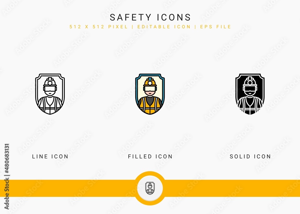 Safety icons set vector illustration with solid icon line style. Secure work accident concept ...
