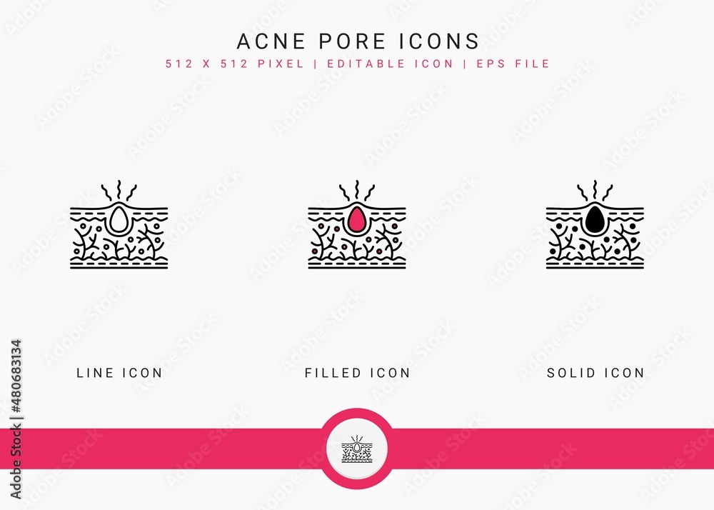 Acne pore icons set vector illustration with solid icon line style ...