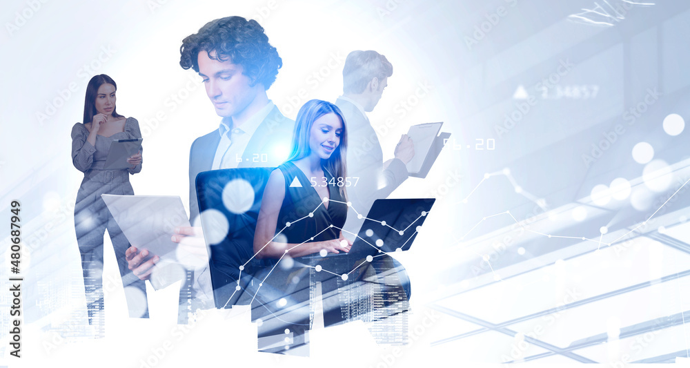 Business people working in financial company, chart and skyscrapers ...