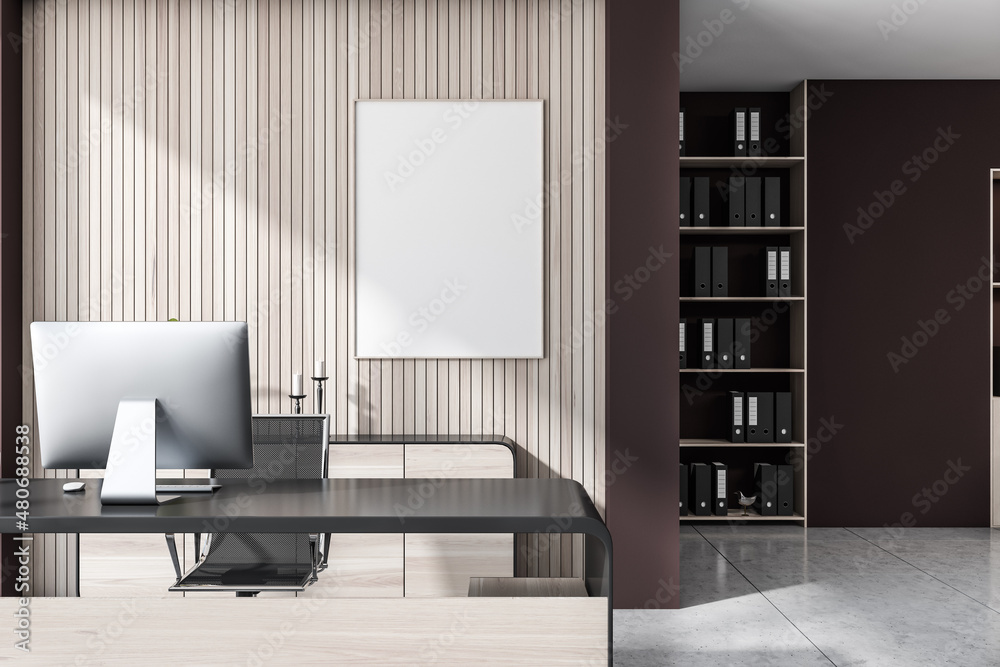 Manager room interior with desk and computer, shelf and mockup poster ...