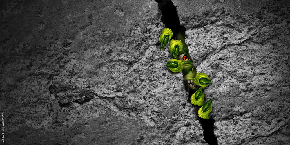 Monster breaking through and Halloween fear background or creepy green ...