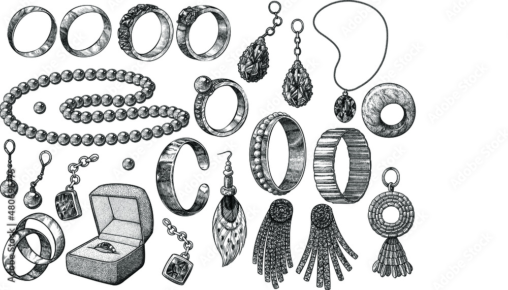 Jewellery collection, illustration, drawing, engraving, ink, line art ...